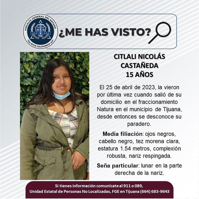 Buscan familiares a Citlali Nicolás Castañeda, de 15 años | Noticias de Tijuana | El Imparcial